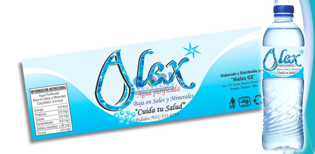 Etiqueta autoadherible Agua purificada Alex en Mérida, Yucatán, México