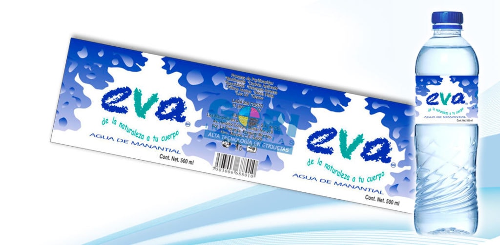 Etiqueta Wrap around Agua Eva en Mérida, Yucatán, México